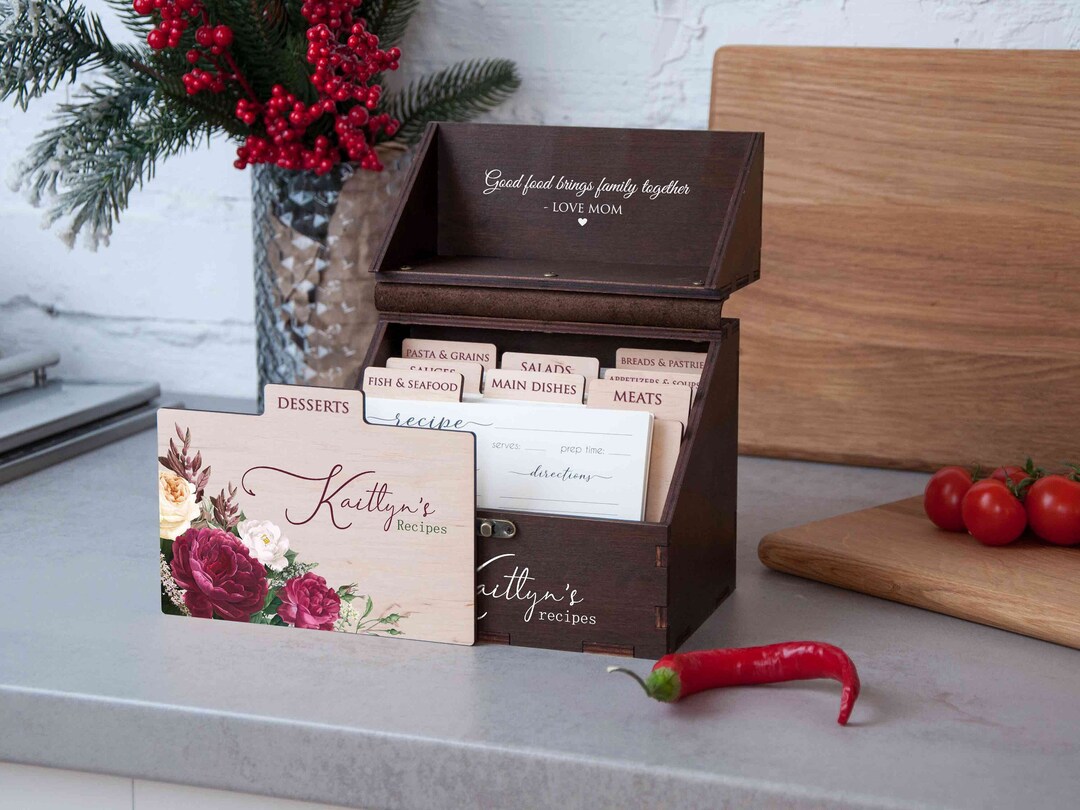Floral Recipe Card Box 4x6, Personalized Christmas Gift for Mom, Wooden ...