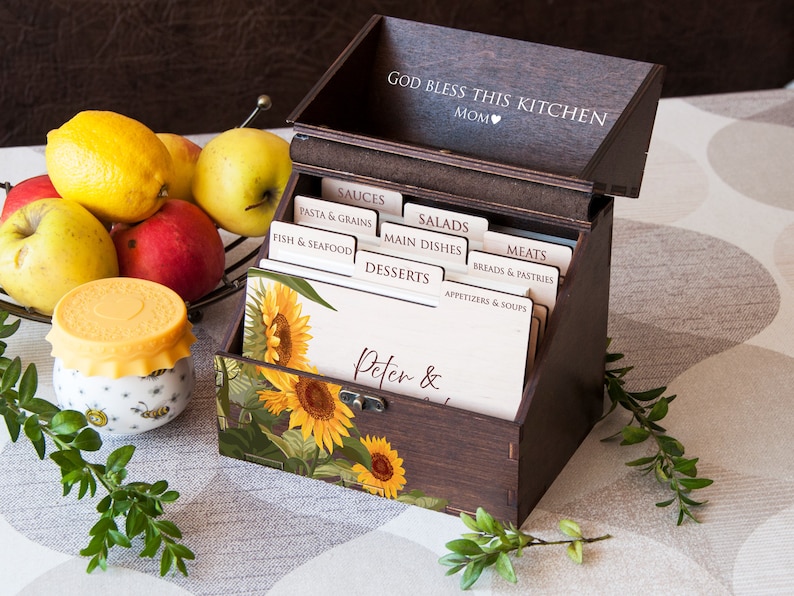 Personalized Recipe Box With Sunflowers, Wooden Recipe Box With 9 ...