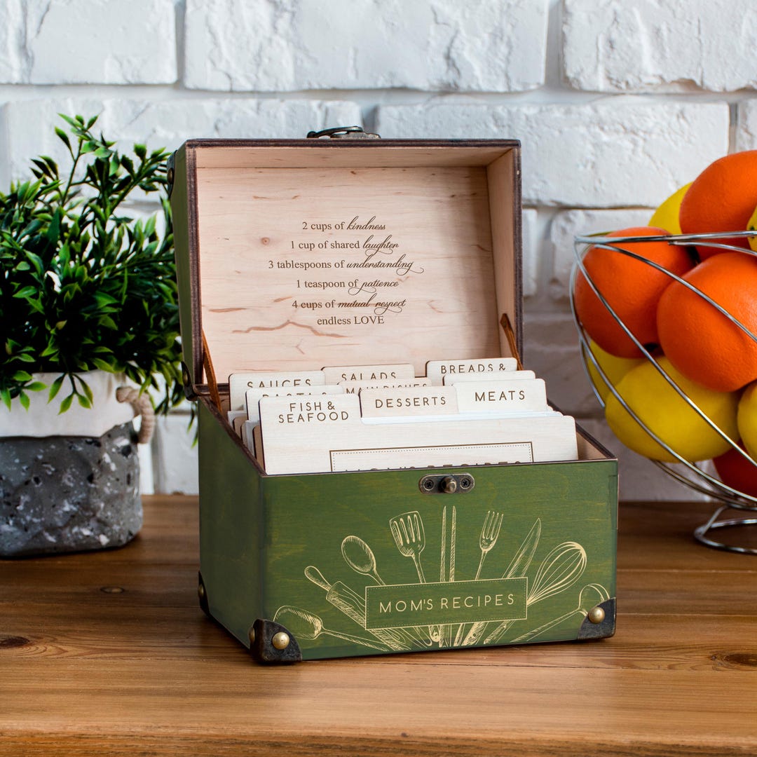 Personalized Wooden Recipe Box With Dividers & Cards - Engraved Birch ...