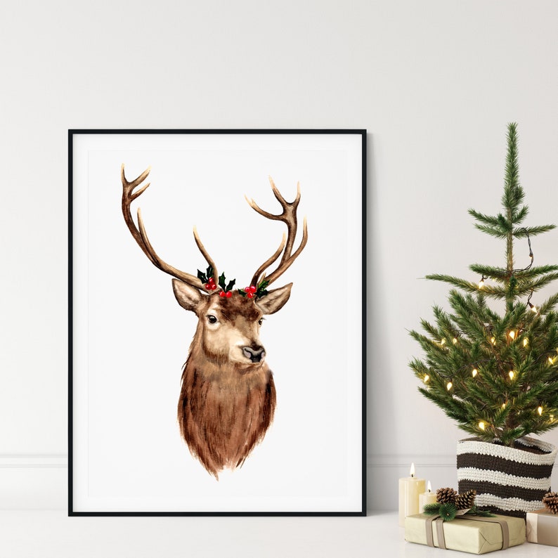 Stag Christmas Holiday Gift Watercolor Art Print - Etsy