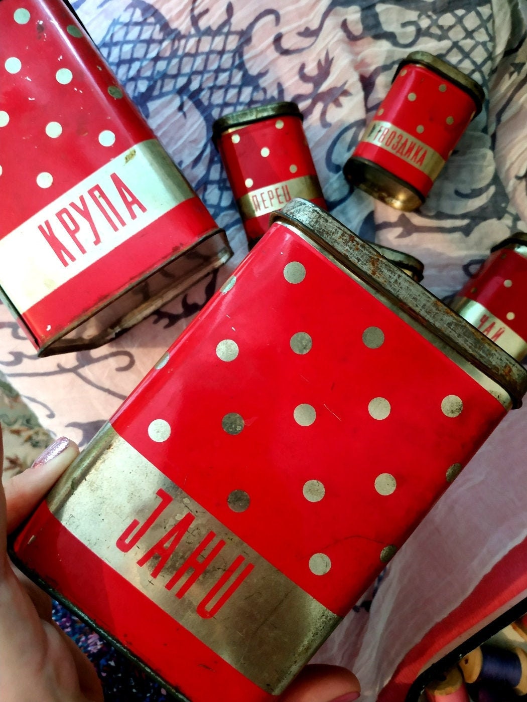 Soviet Vintage Polka Dot Tin Box, Set of 2 Large and 5 Small Boxes. Red ...
