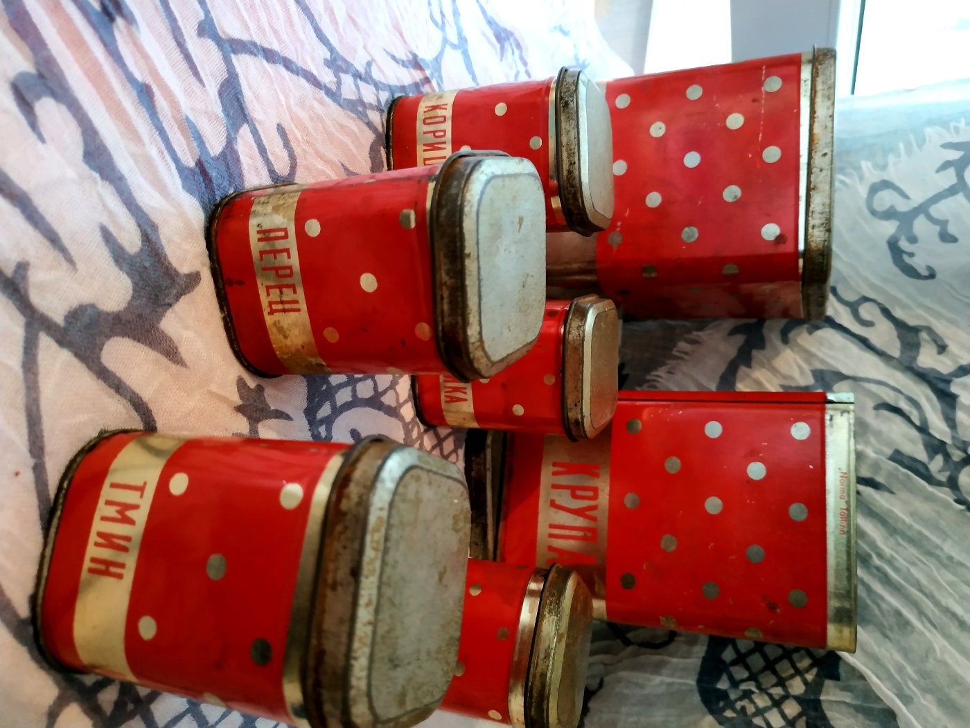 Soviet Vintage Polka Dot Tin Box, Set of 2 Large and 5 Small Boxes. Red ...
