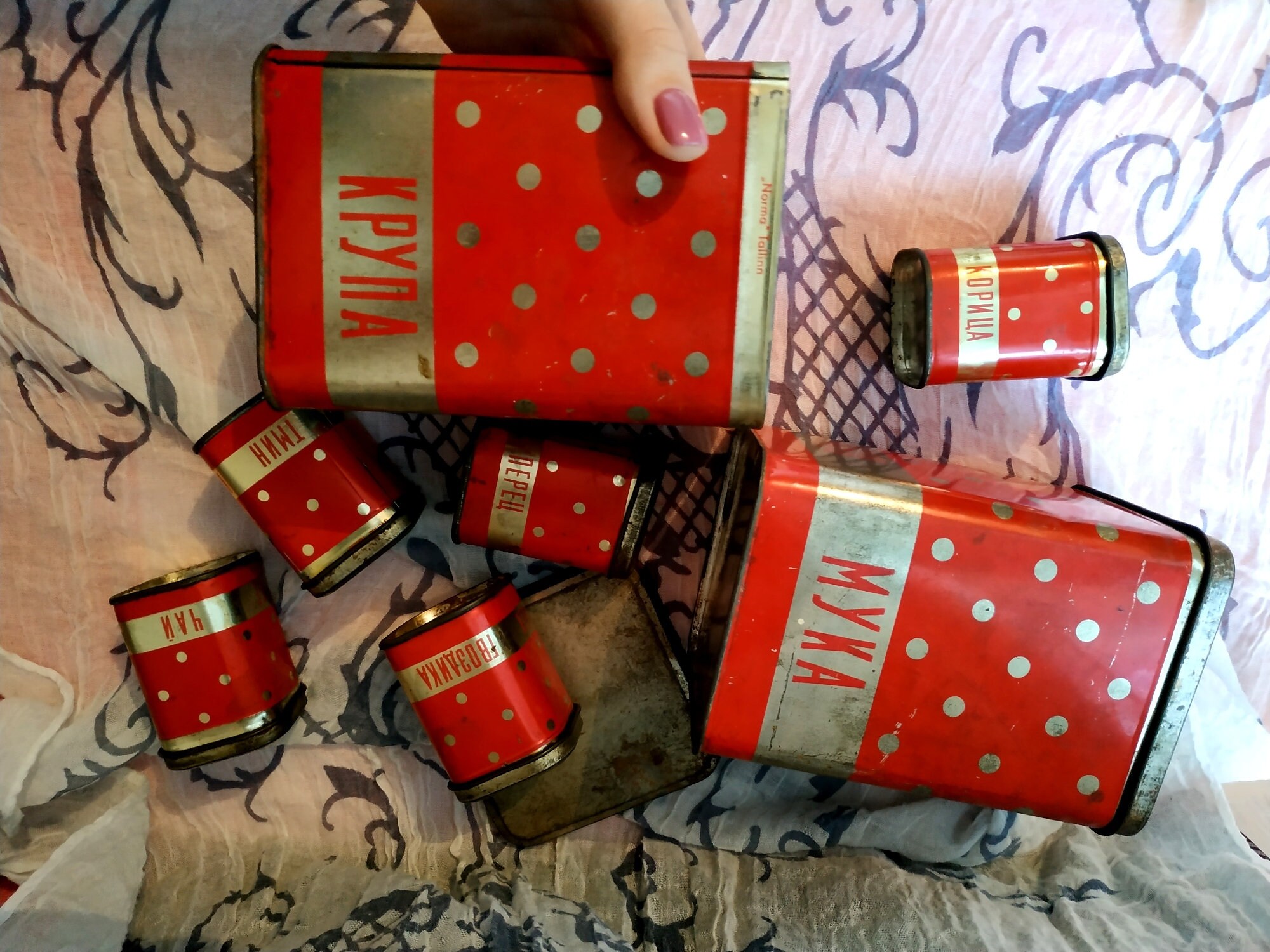 Soviet Vintage Polka Dot Tin Box, Set of 2 Large and 5 Small Boxes. Red ...