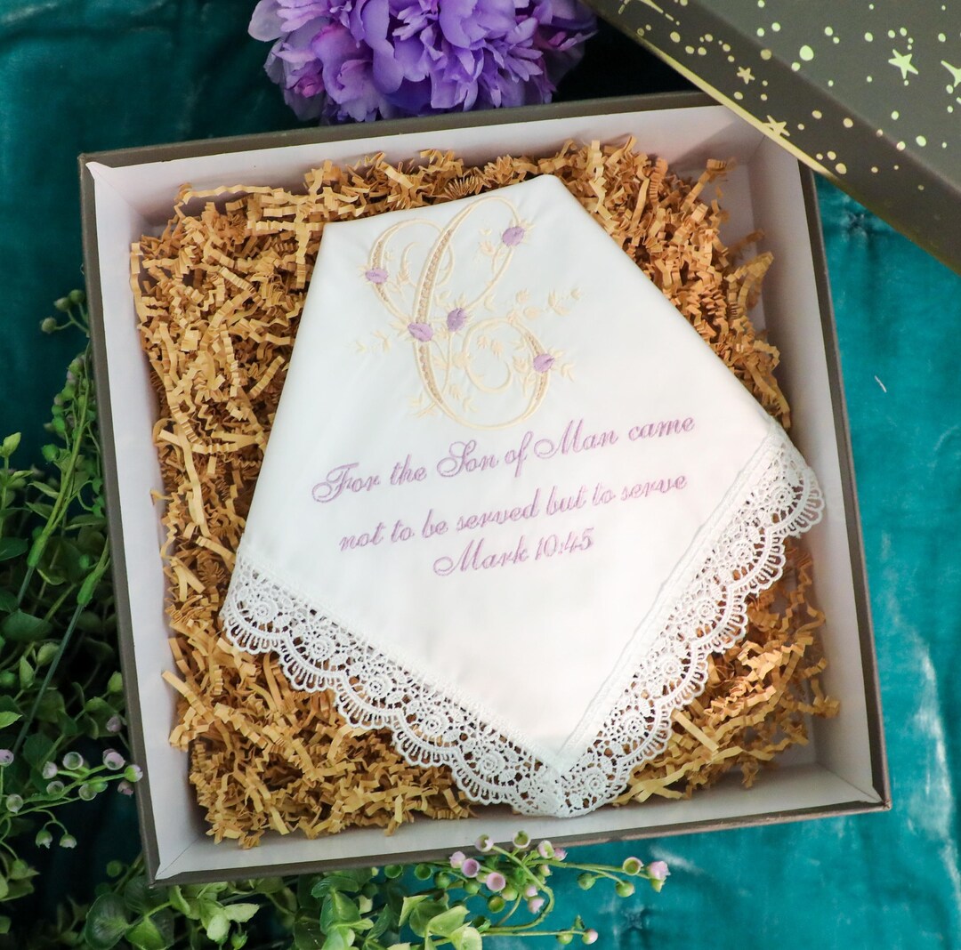 Custom Handkerchief With Lace Trim, Wedding Handkerchief, Embroidered ...