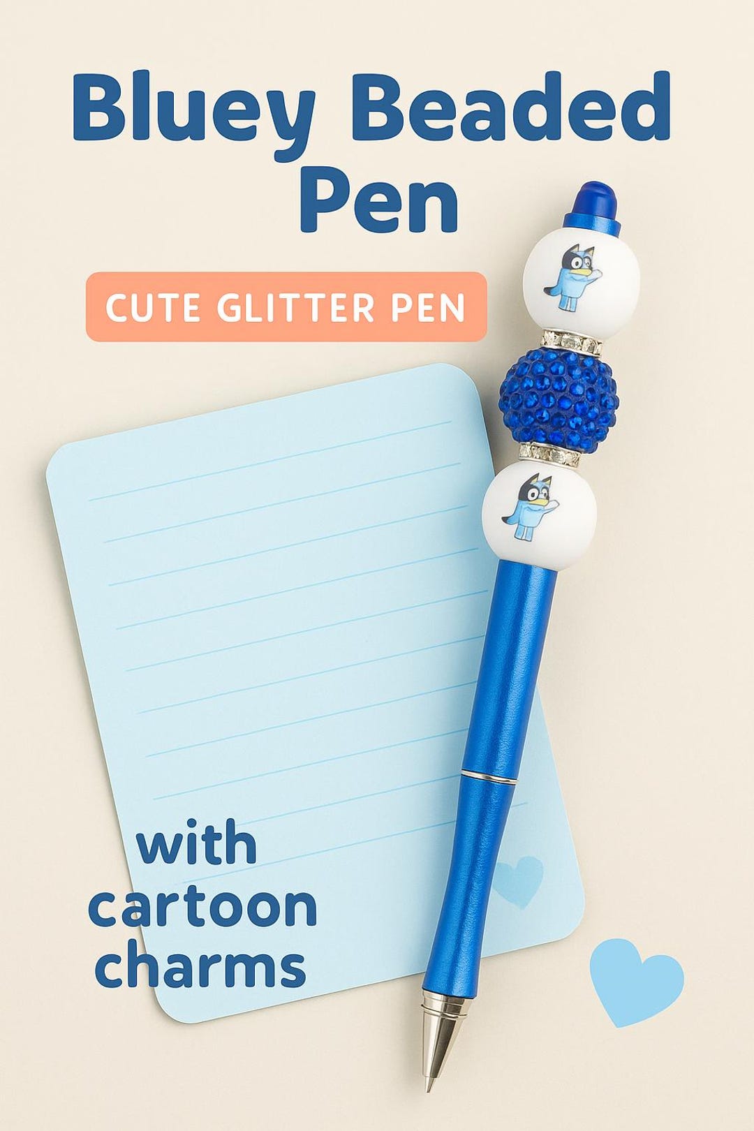 Bluey Beaded Pen – Cute Blue Glitter Pen With Cartoon Charms | Handmade ...