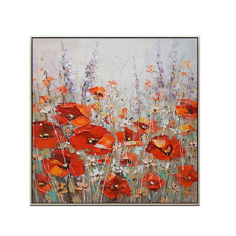 Original Red Flowers Painting Handmade on Canvas Landscape - Etsy