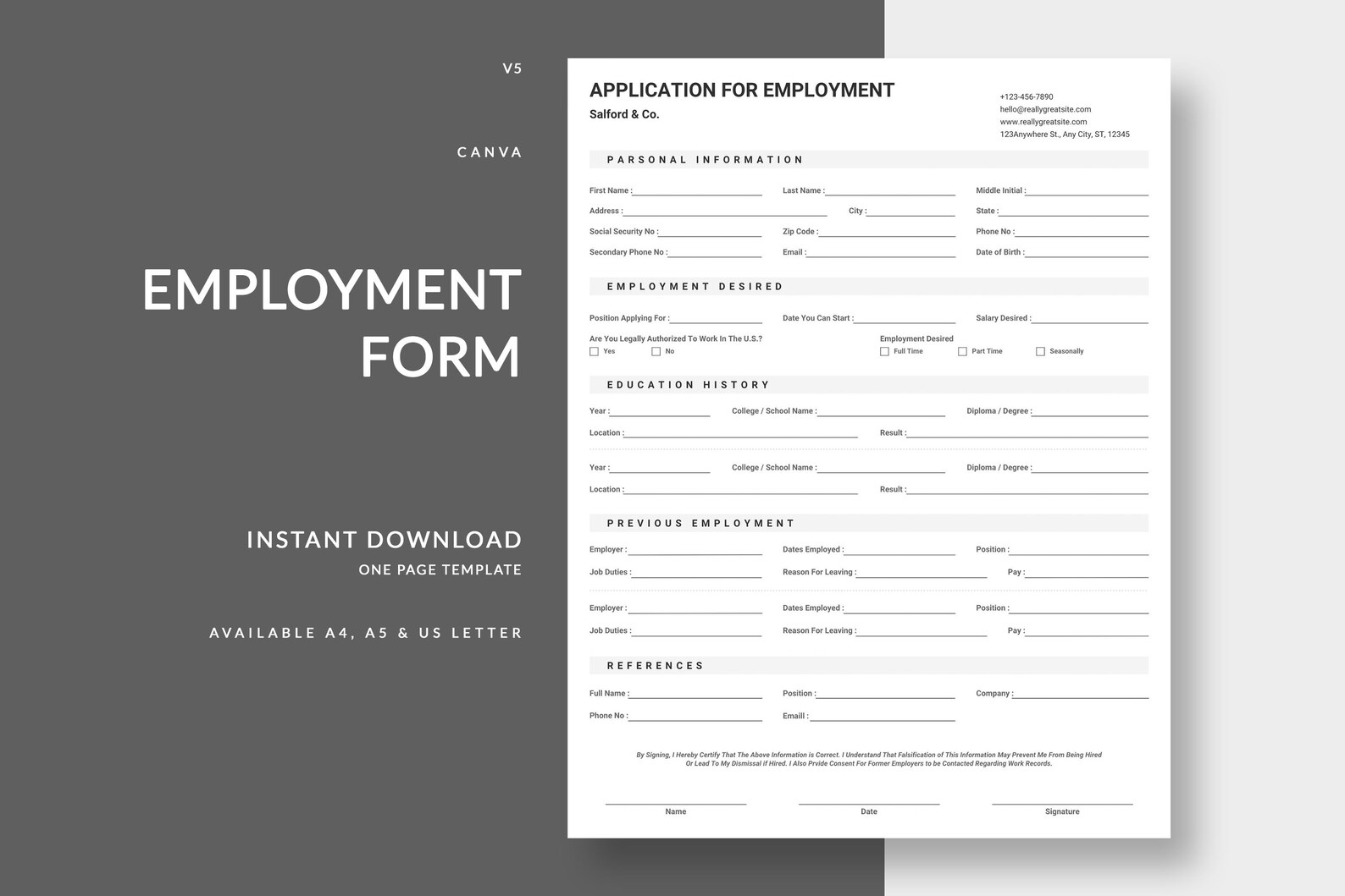 Application for Employment Template, Job Application Form, Editable Job ...