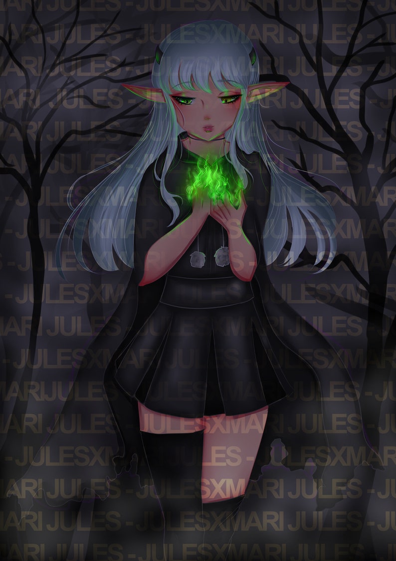Green Magical Demon Girl Art Print Black Green Sexy Etsy