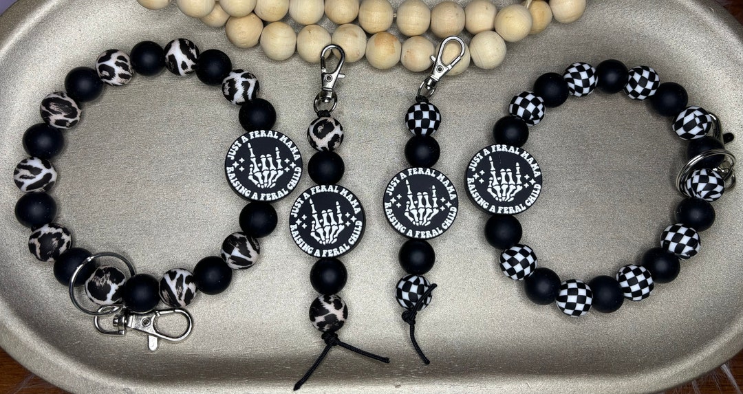 Checkered Feral Mama Keychain, Beaded Keychain, Silicone Bead Keychain ...