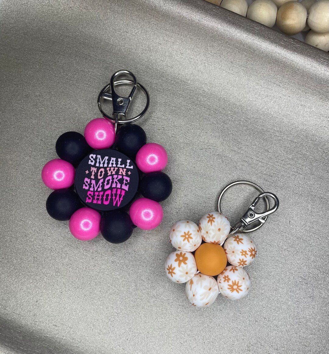 Flower Shaped Keychain, Silicone Beaded Keychain, Burnt Orange Floral ...