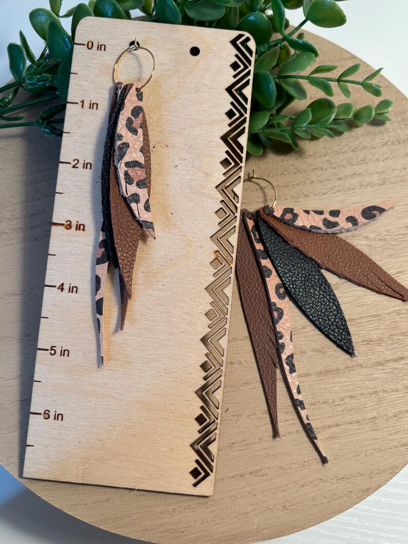 Leopard Print Fringe Hoop Earrings, Genuine Leather, Stainless Steel ...