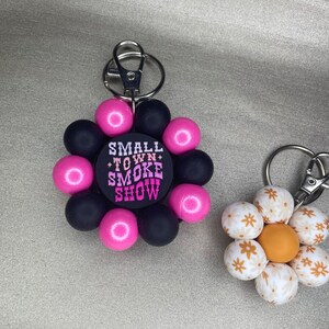 Flower Shaped Keychain, Silicone Beaded Keychain, Burnt Orange Floral ...