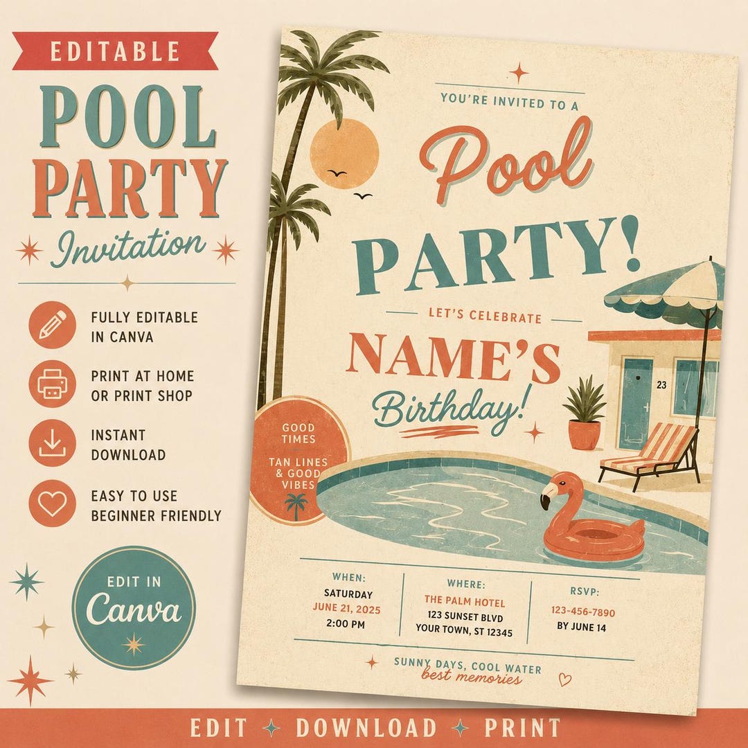 70s Aesthetic Pool Party Invitation Template Editable Canva Summer ...
