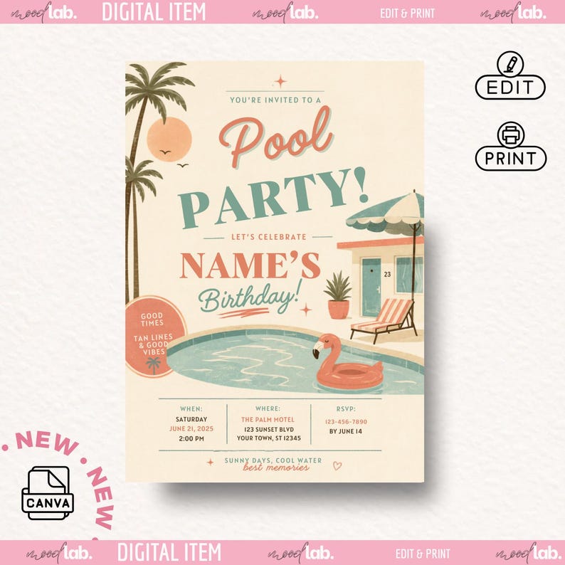 70s Aesthetic Pool Party Invitation Template Editable Canva Summer ...