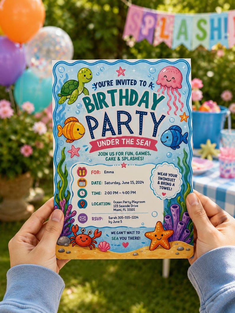 Summer Birthday Invitation Template, Ocean Birthday Party Invite ...