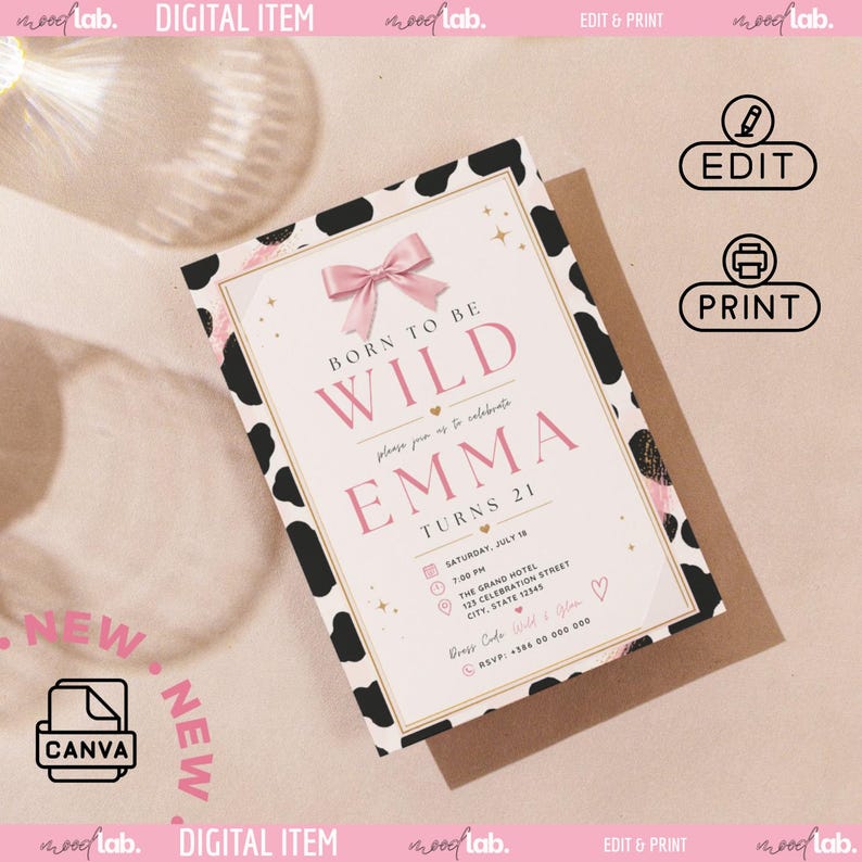 Pink Cow Print Birthday Invitation Editable Template, Wild & Glam ...
