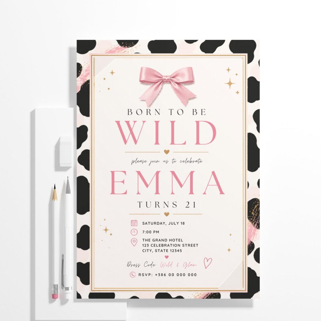 Pink Cow Print Birthday Invitation Editable Template, Wild & Glam ...