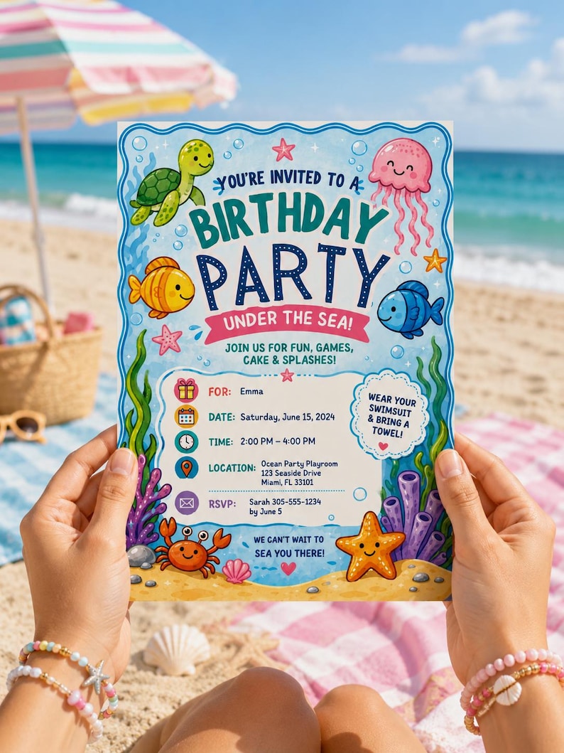 Summer Birthday Invitation Template, Ocean Birthday Party Invite ...