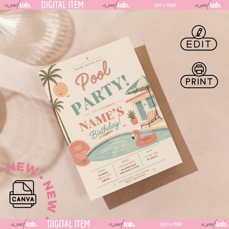 70s Aesthetic Pool Party Invitation Template Editable Canva Summer ...
