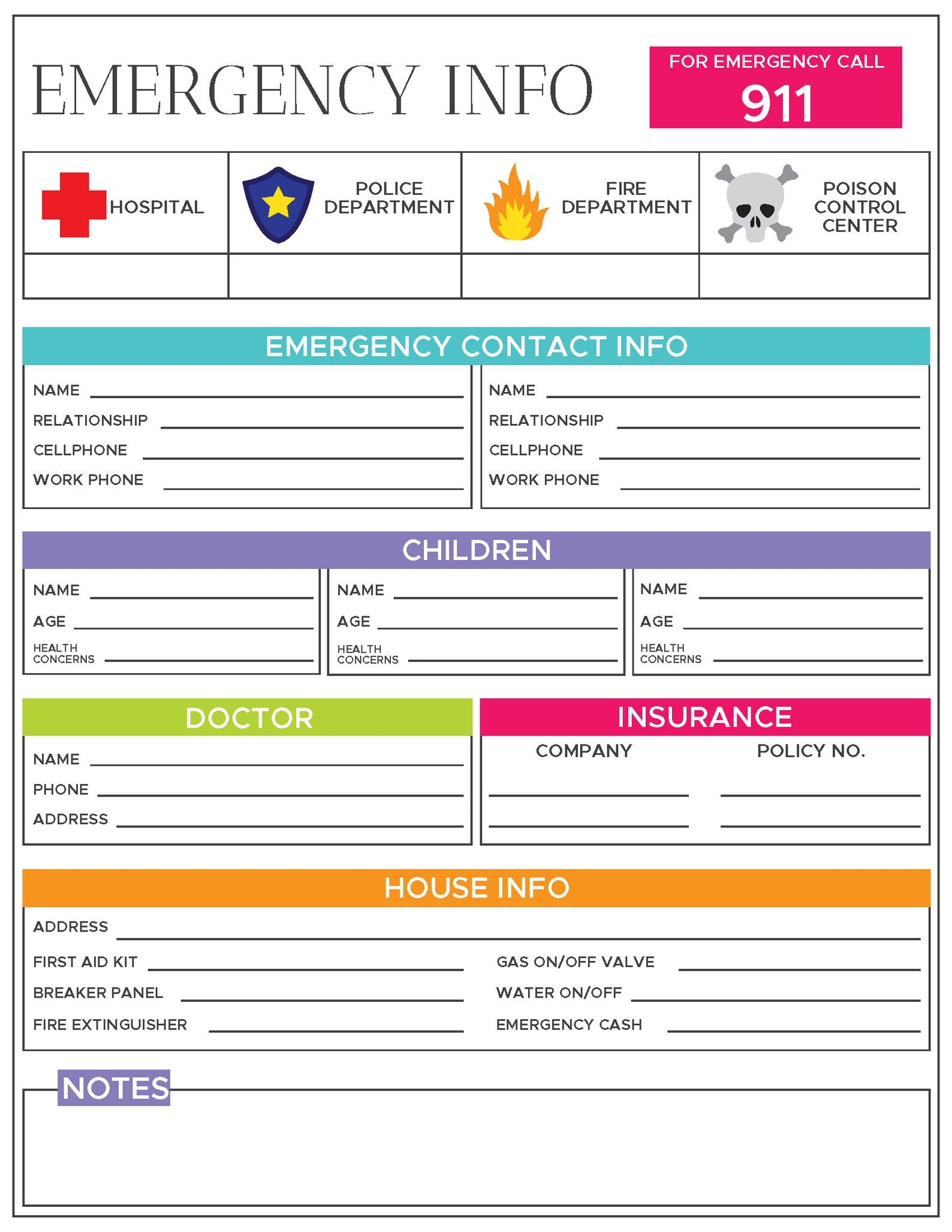 Emergency Information Sheet Emergency Contact Information Etsy