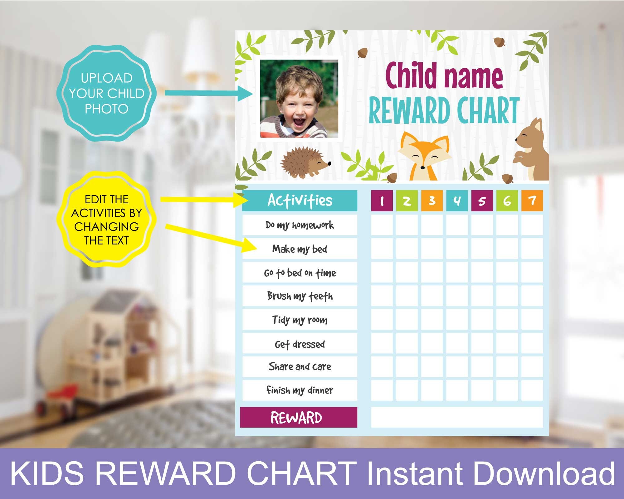 Personalized Reward Chart for Kids Printable Reward Chart Reward Chart ...