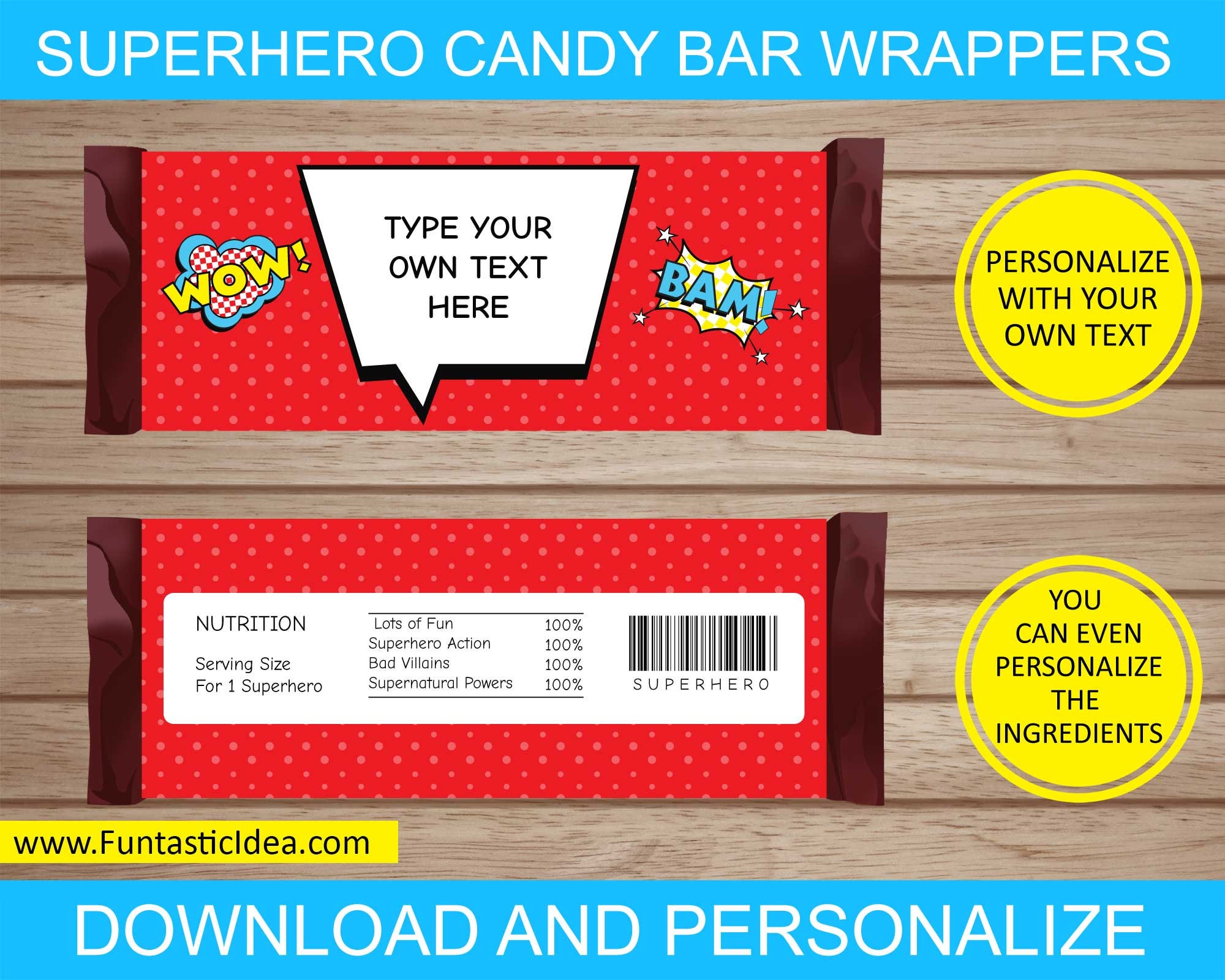 Superhero Candy Bar Wrappers - Superhero Favor, Chocolate Labels ...