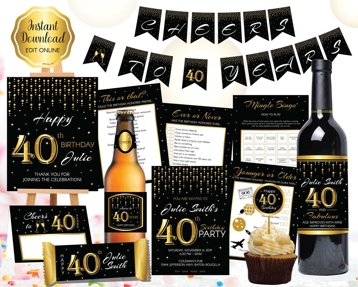 40th Birthday Food Labels, 40th Party Place Card , 40th Birthday Party ...