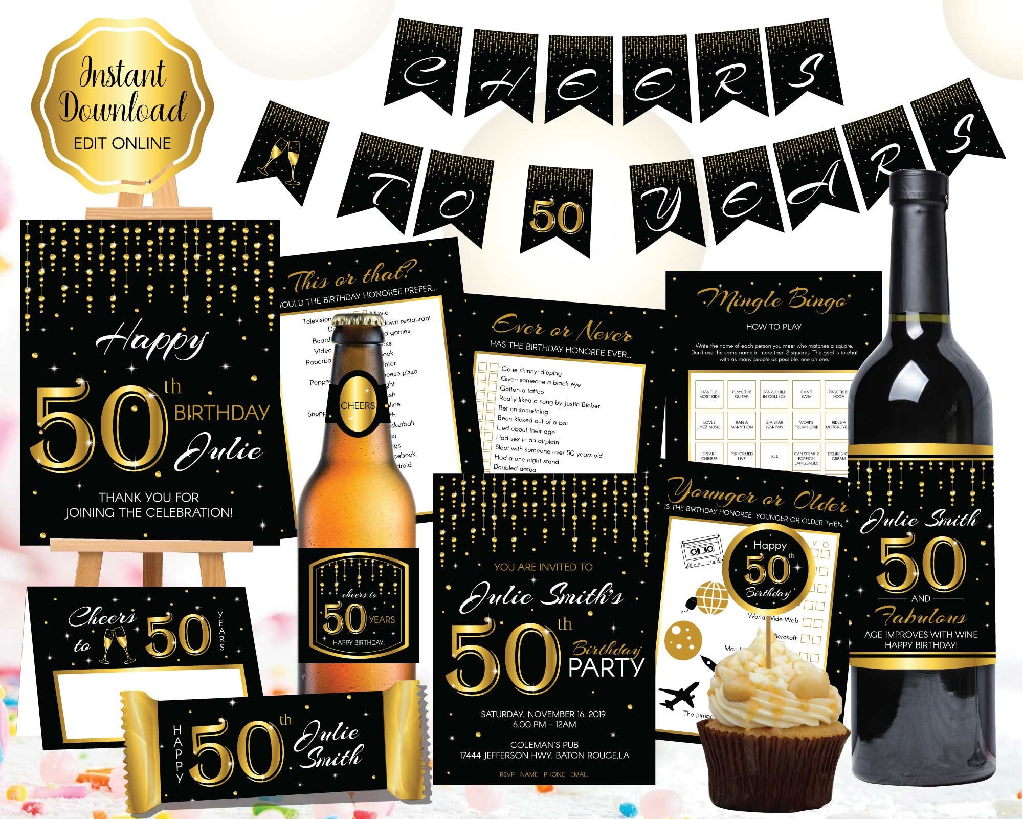 50th Birthday Wine Labels, 50th Party Wine Bottle Labels , Personalized ...