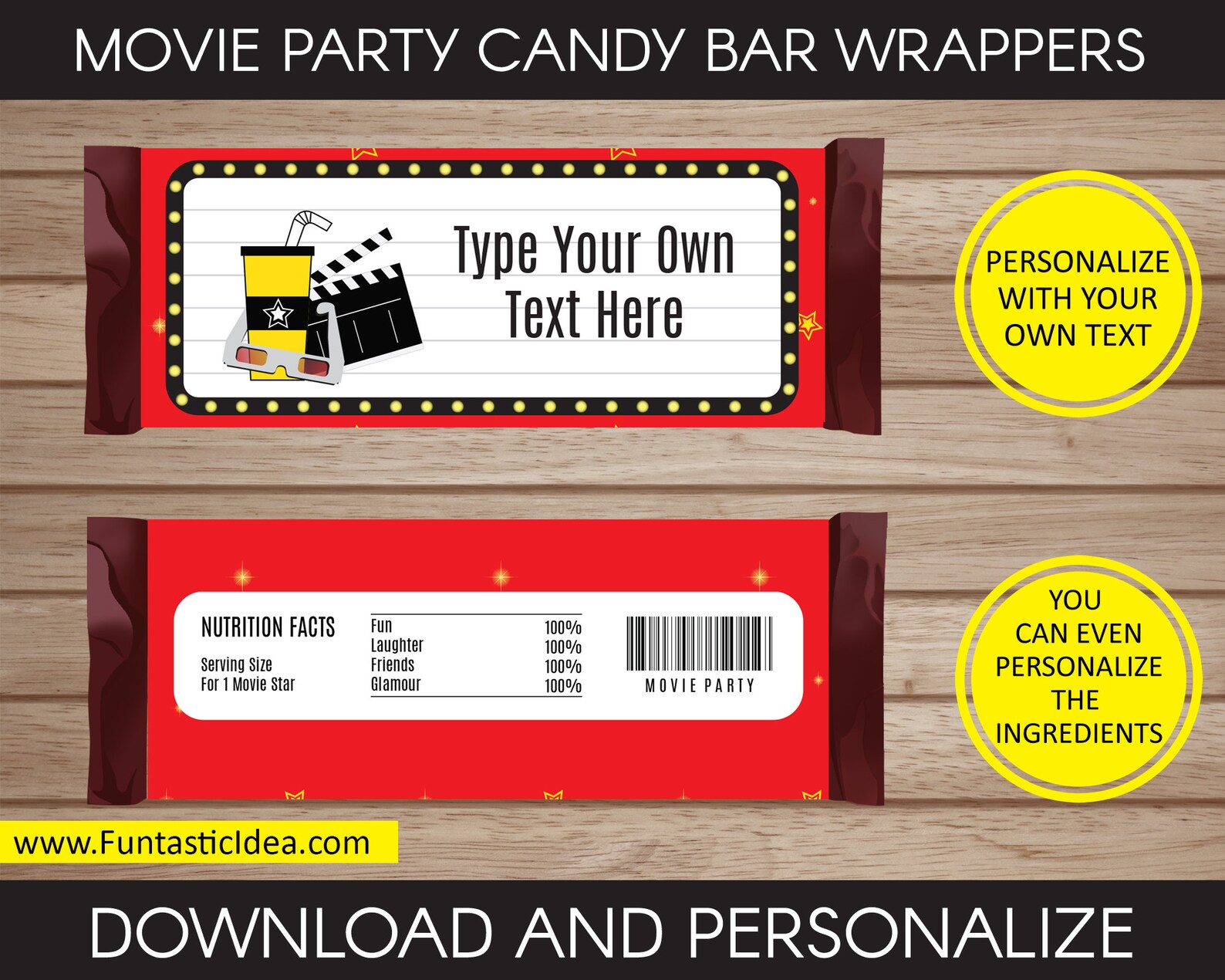 Movie Party Candy Bar Wrappers - Movie Favor, Chocolate Labels, Movie ...