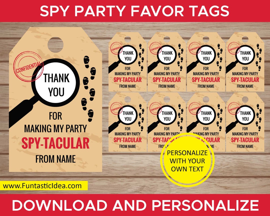 Spy / Secret Agent Favor Tags, Spy Favor Bag Topprs, Spy Party ...