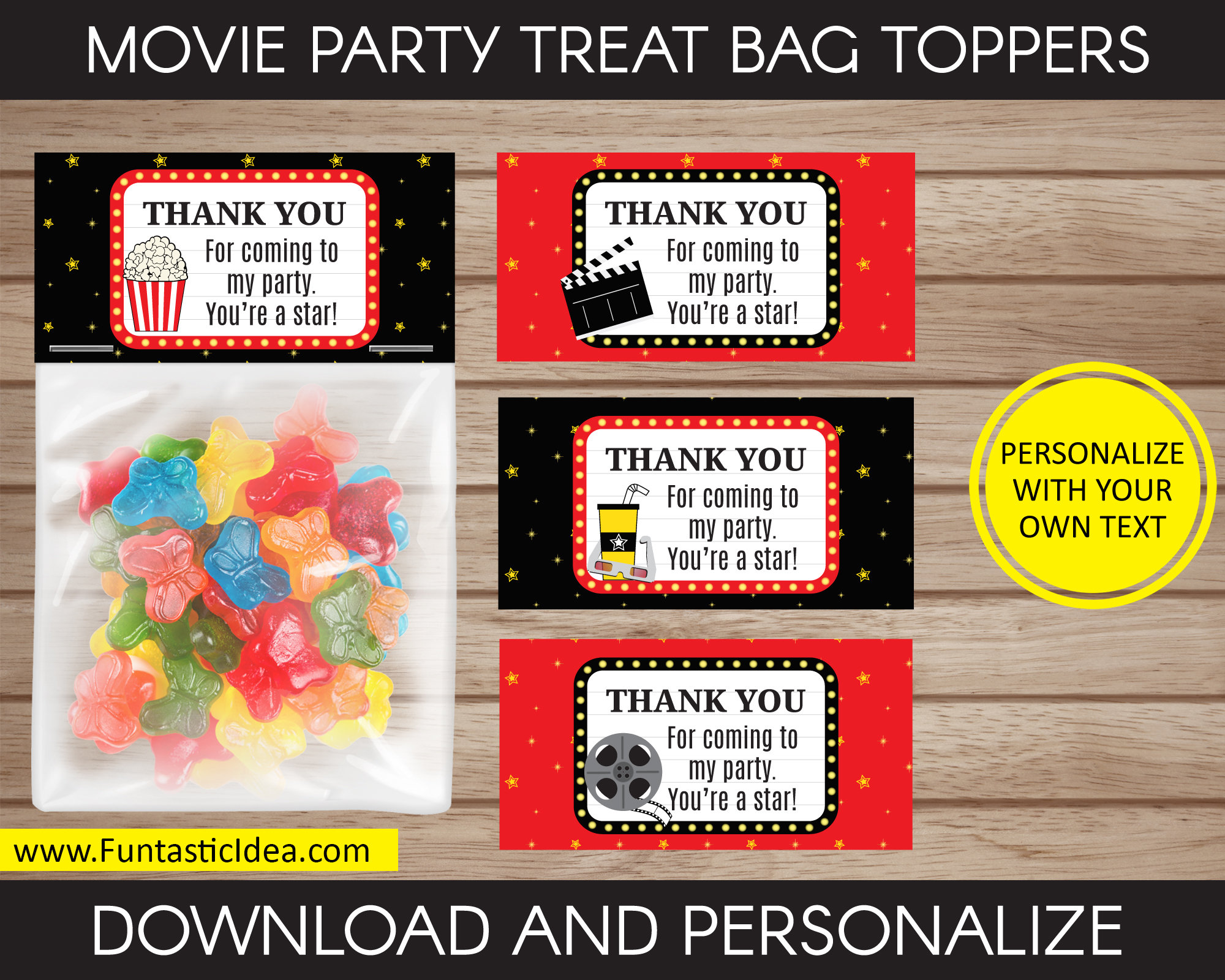 Movie Themed Party Treat Bag Toppers, Movie Favor Bags, Movie Party ...