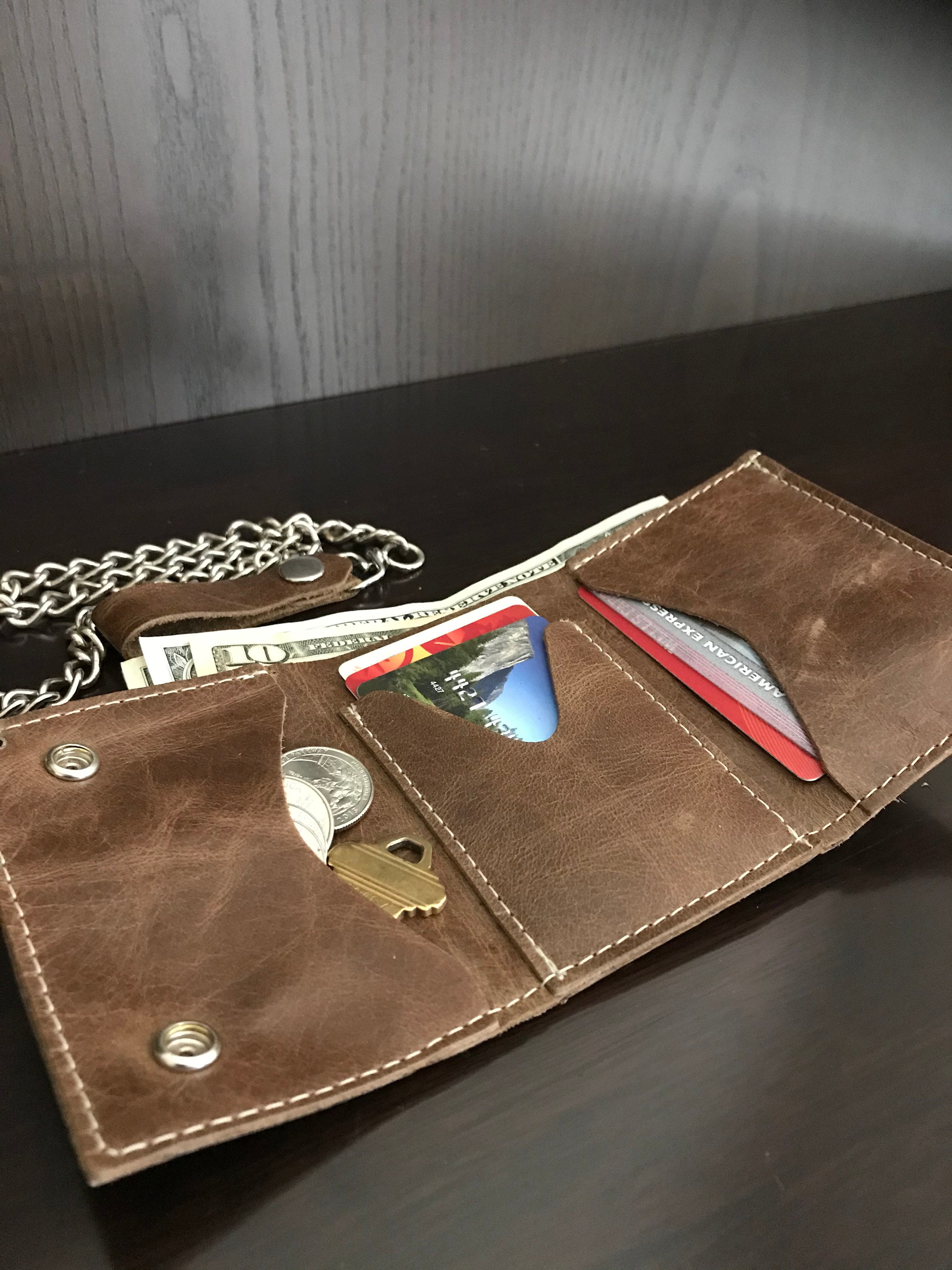 Triple Fold Leather Wallet With Chain Biker Wallet - Etsy