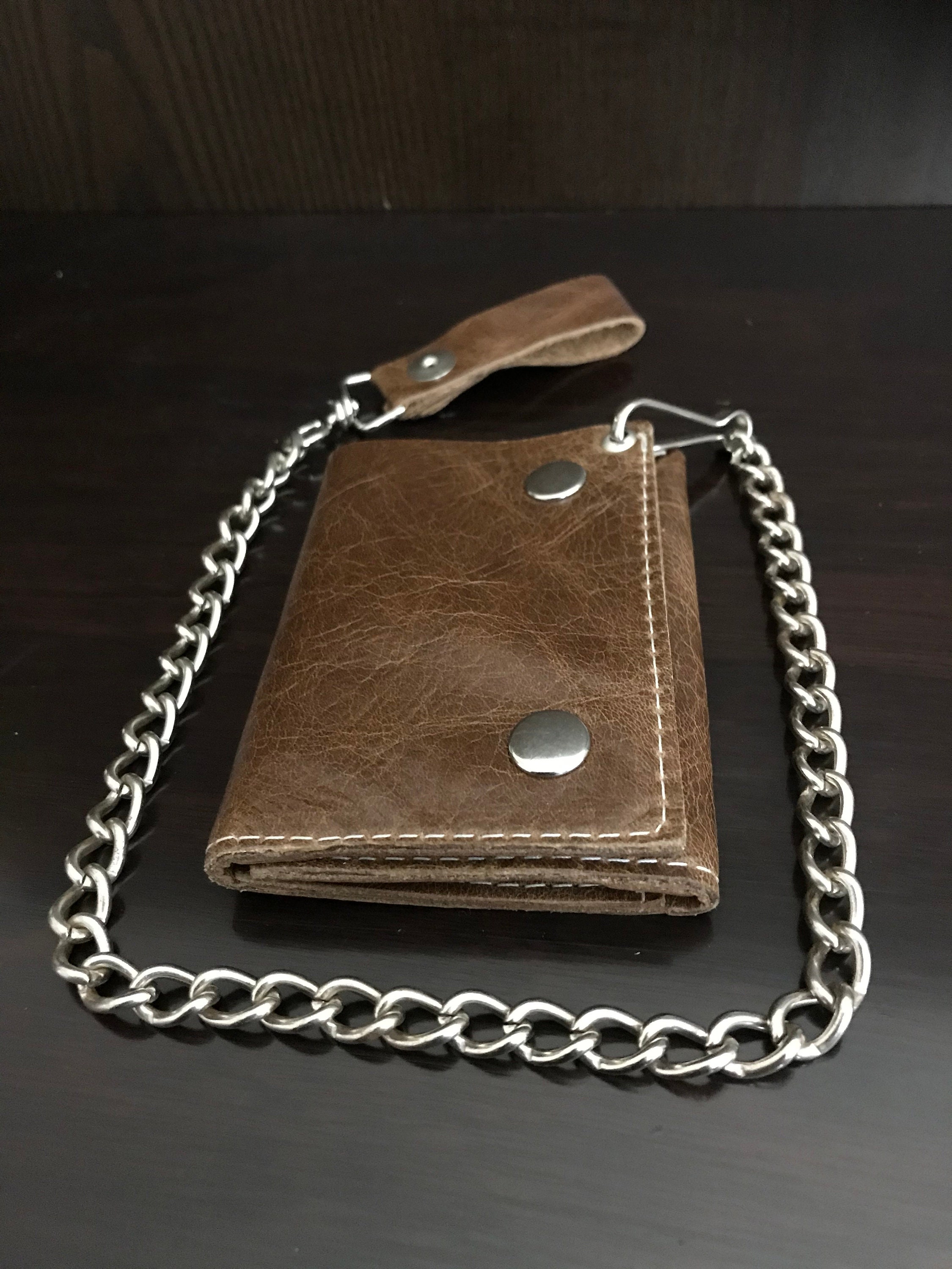 Triple Fold Leather Wallet With Chain Biker Wallet | Etsy