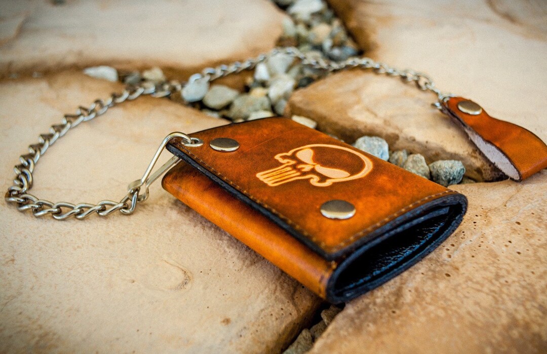 Unisex Trifold Leather Wallet With Chain, Vintage Retro Look Leather ...