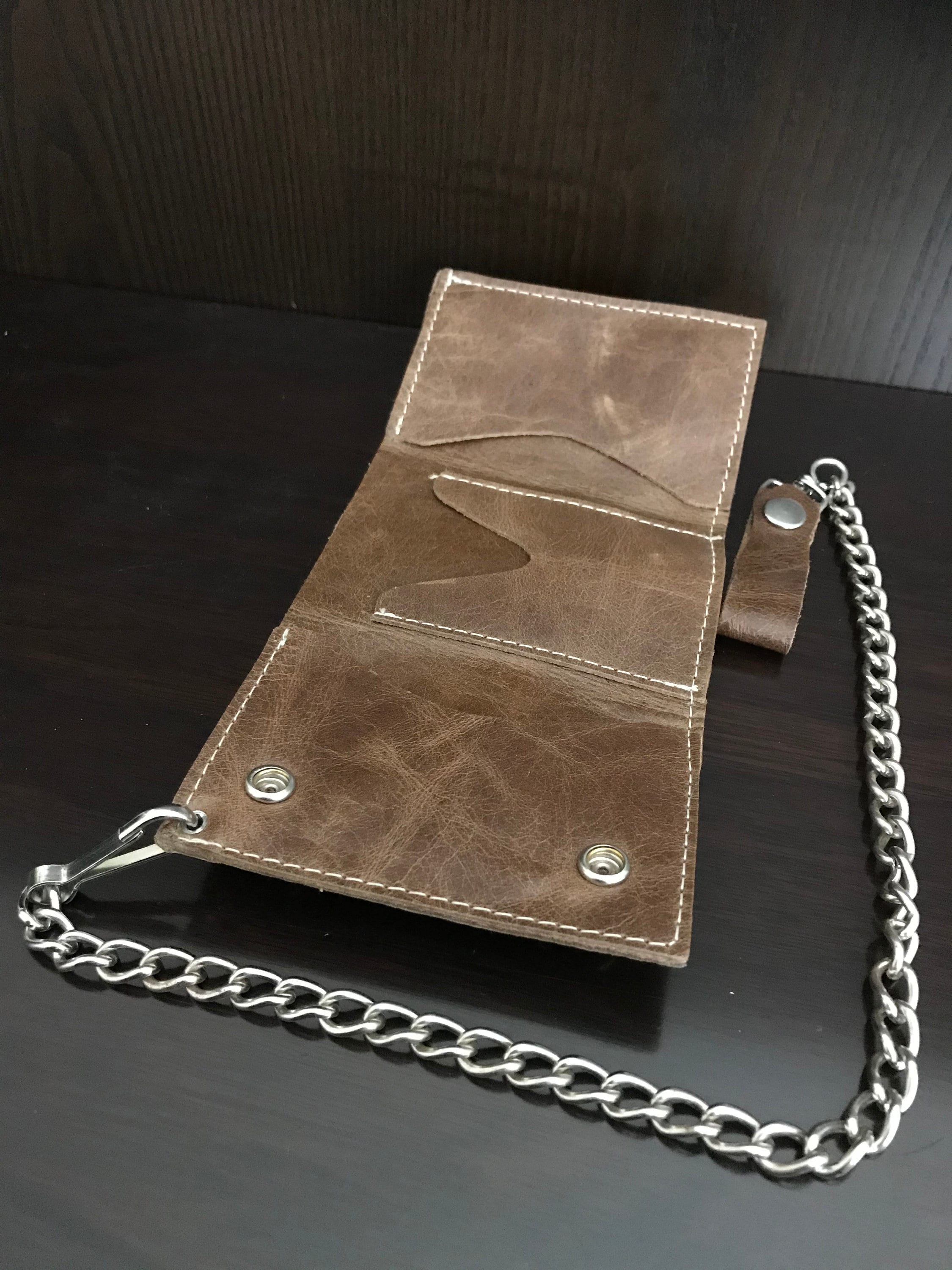 Triple Fold Leather Wallet With Chain Biker Wallet - Etsy