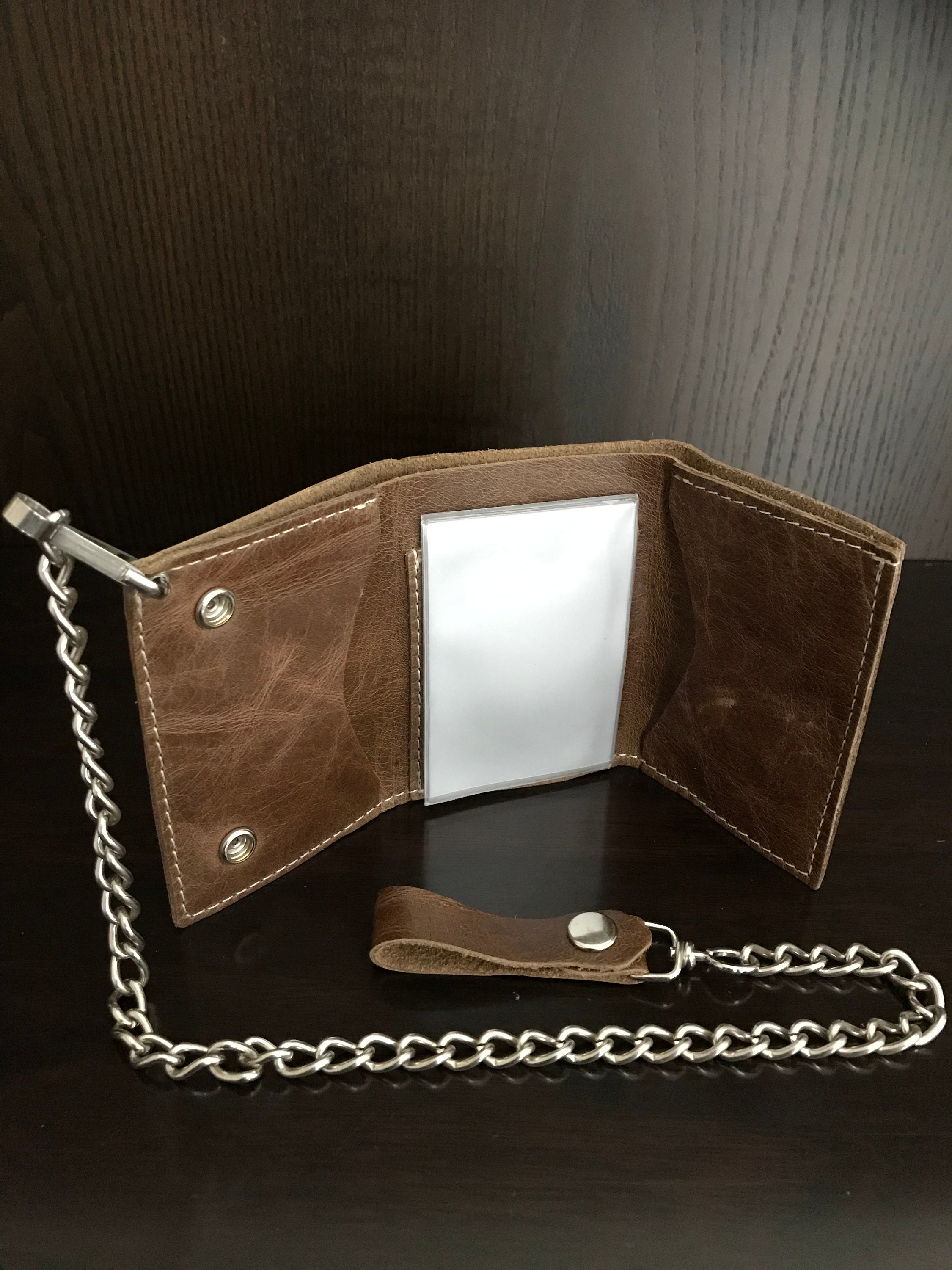 Triple Fold Leather Wallet With Chain Biker Wallet - Etsy