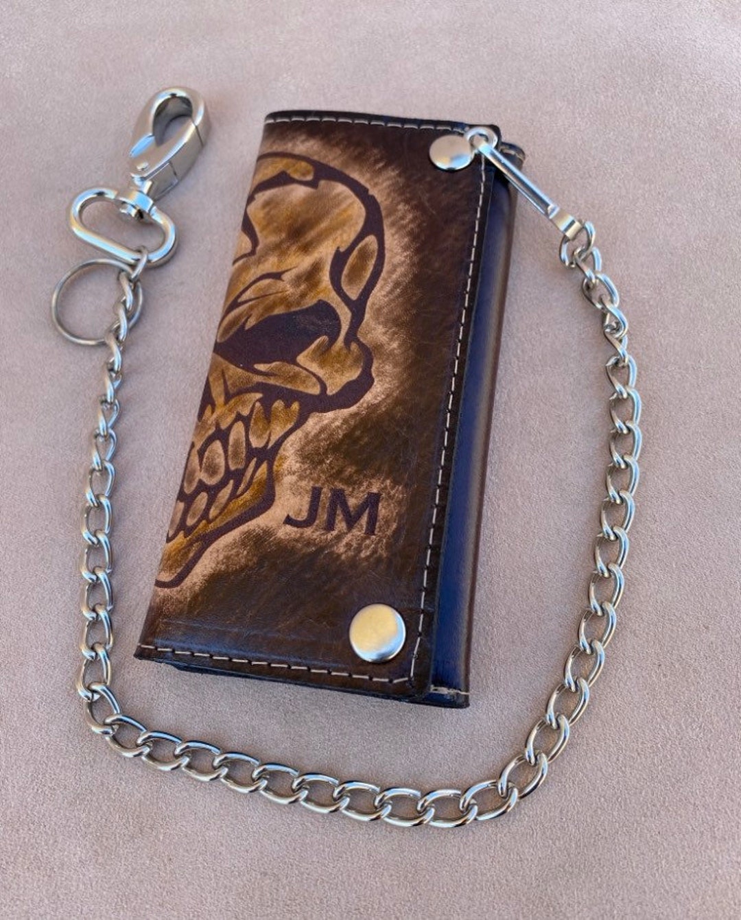 Personalized Full Grain Leather Chain Wallet: Handmade Trifold. - Etsy
