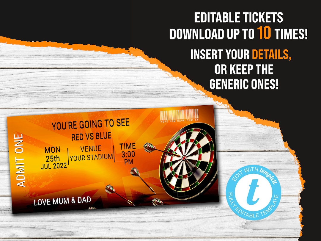 Personalised DIGITAL Event Darts Sport Ticket Surprise Ticket ...
