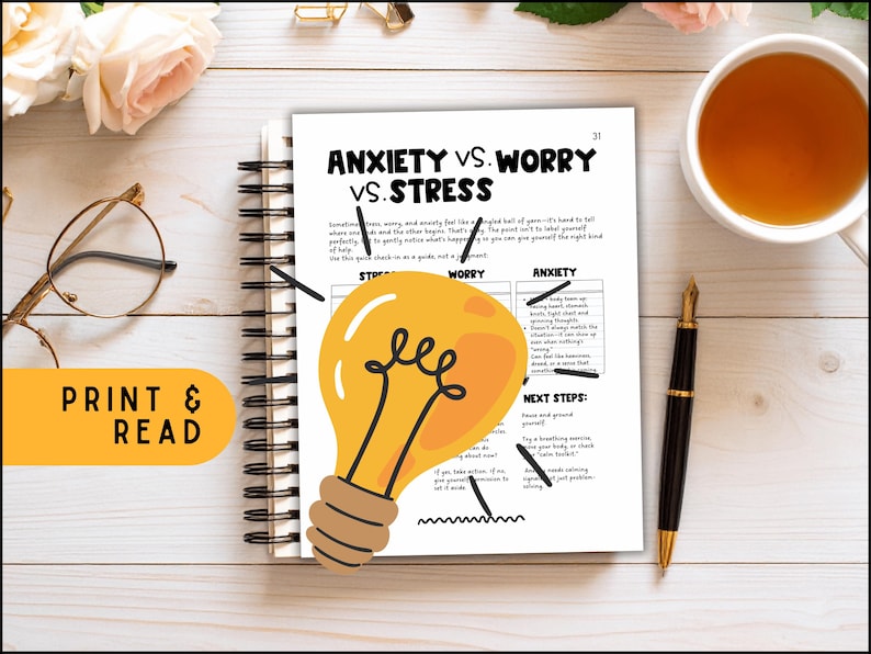 Anxiety Vs Worry Vs Stress Guide | Mental Health Education Printable ...