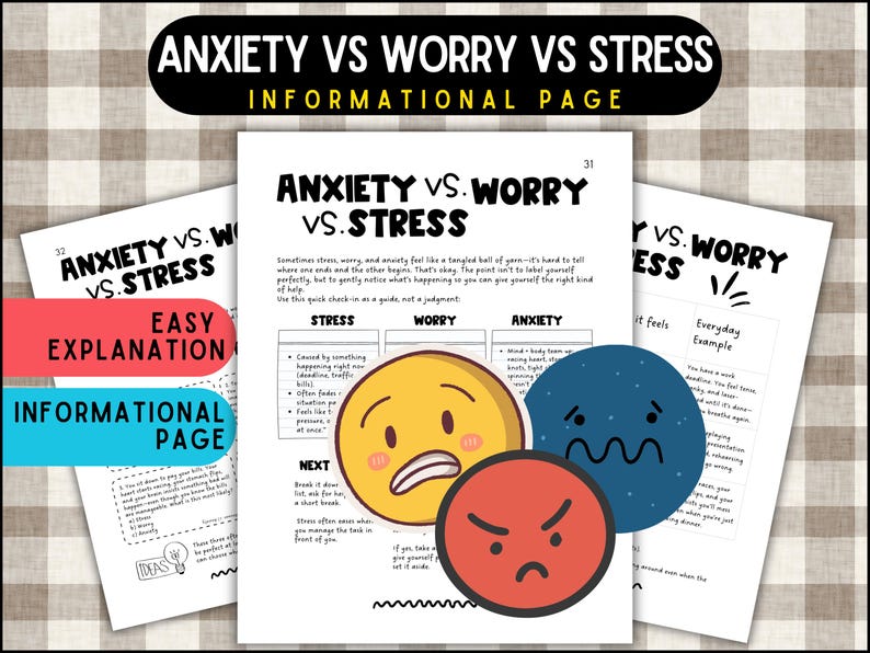 Anxiety Vs Worry Vs Stress Guide | Mental Health Education Printable ...