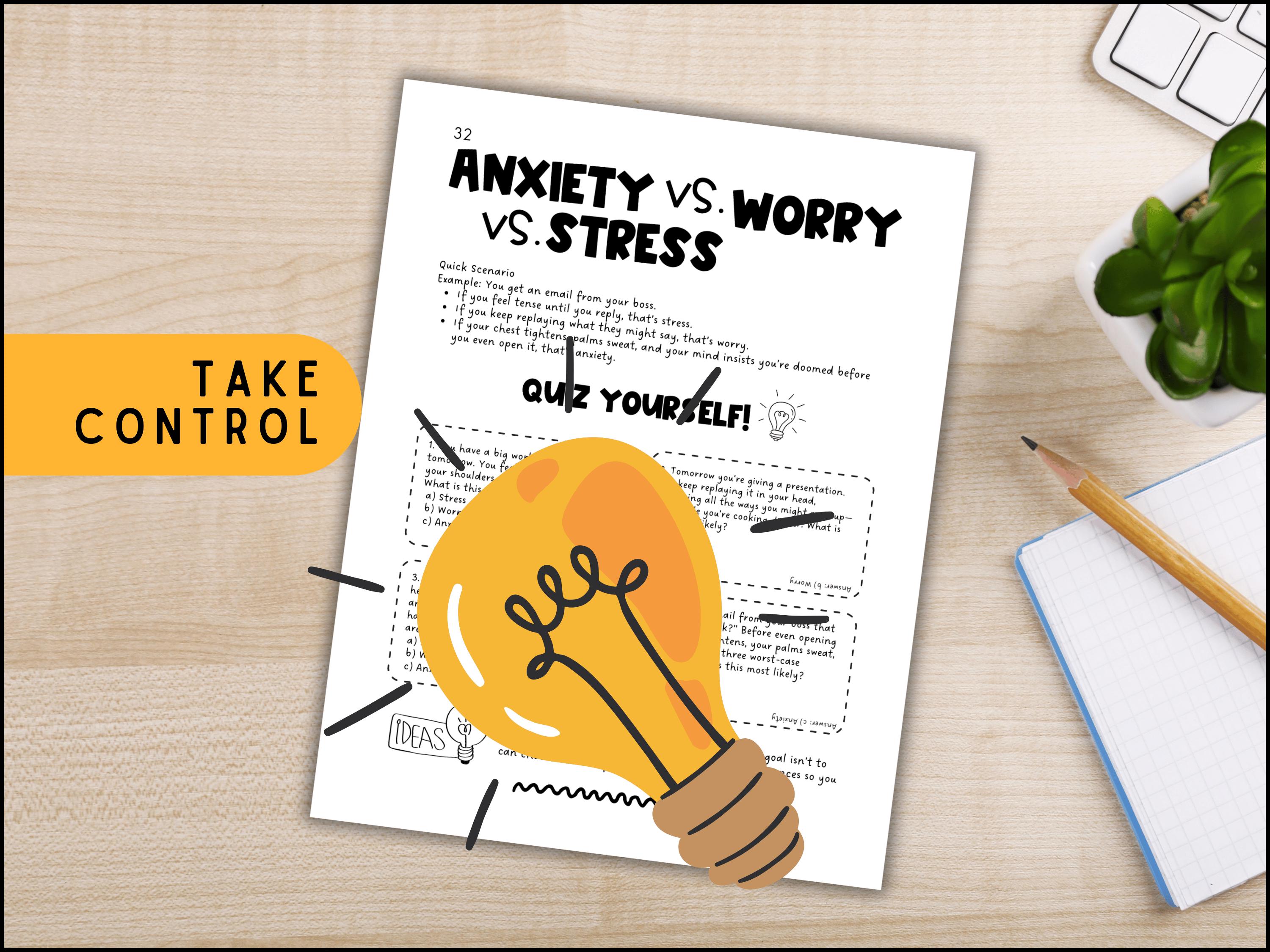Anxiety Vs Worry Vs Stress Guide | Mental Health Education Printable ...