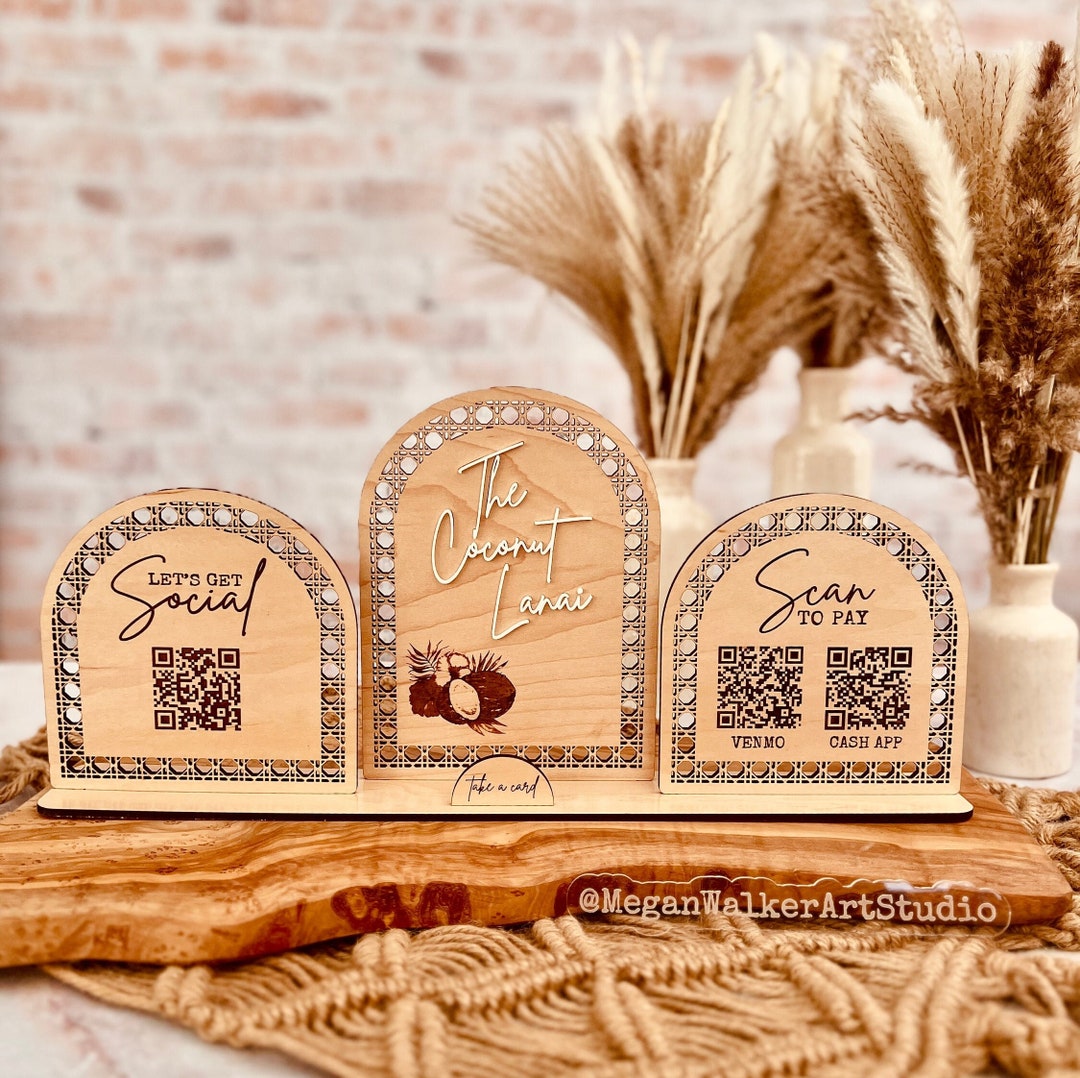 Custom Engraved Wooden QR Code Logo Sign Lets Get Social Boho Rattan ...