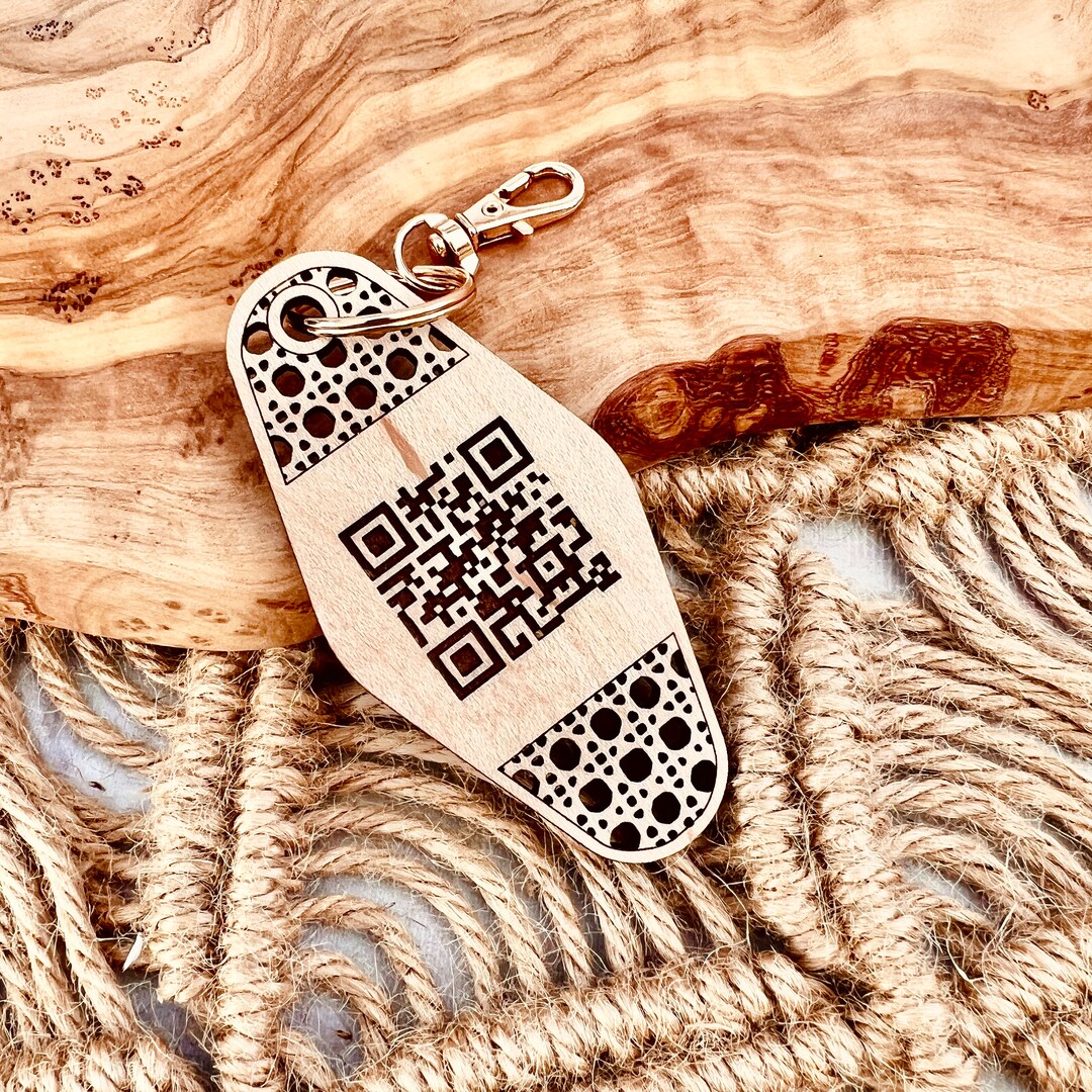 Retro QR Code Keychain • Scannable & Portable Fob • Wooden Maple Boho ...