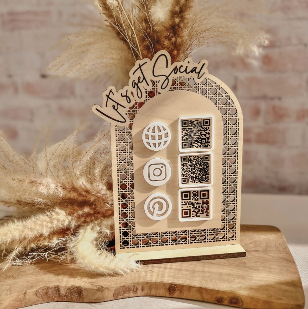 10" Social Media 3 QR Code Logo Sign Wooden Rattan Boho Arch for Small ...