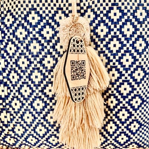 Retro QR Code Keychain • Scannable & Portable Fob • Wooden Maple Boho ...