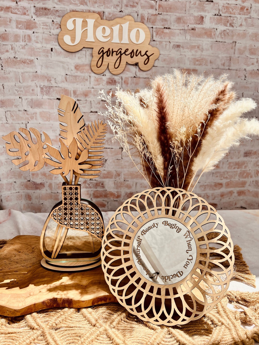Boho Wooden Laser Cut Daisy Flower Sunburst Accent Mirror W/ Customized ...
