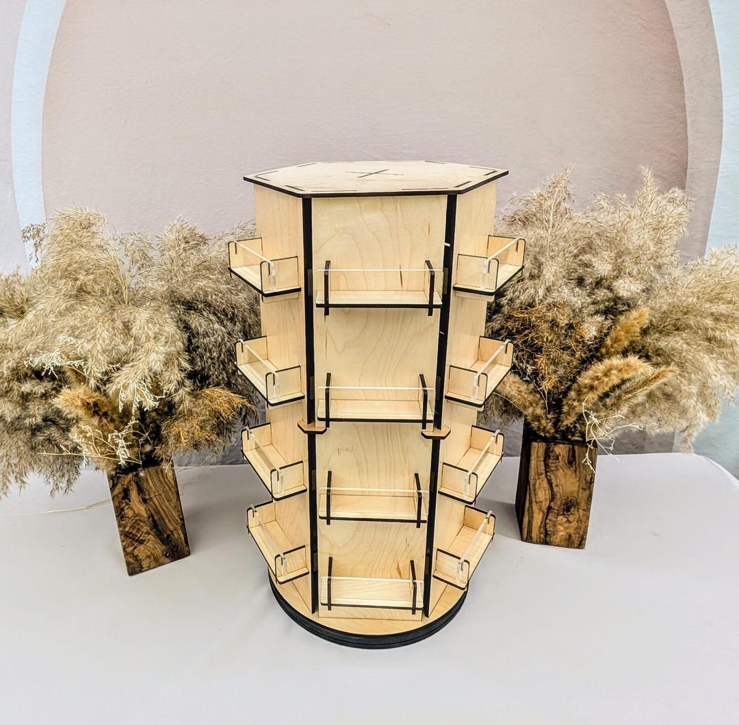 Wooden Retail Display Tower With 6 Sides, 24 Pockets Rotating Base ...