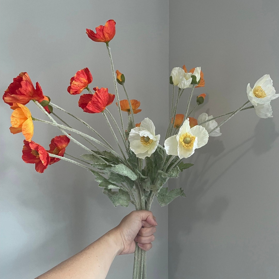 Set of 6, Artificial Poppy Silk Flowers, 23", Silk Flowers, Orange Red ...