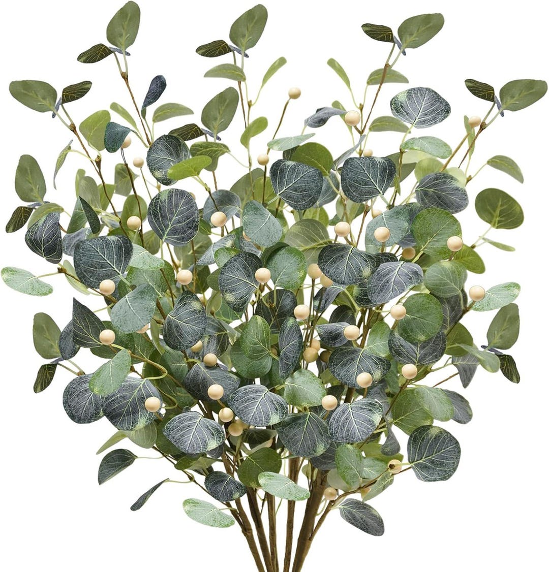 Set of 6 Stems, XL Tall Green Eucalyptus Stems, Fake Fall Filler Stems ...