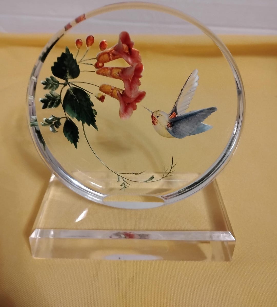 Vintage Reversed Carved Lucite Paperweight With Hummingbird and Flowers ...